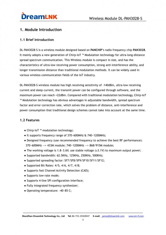 DL-PAN3028-S datasheet page 3