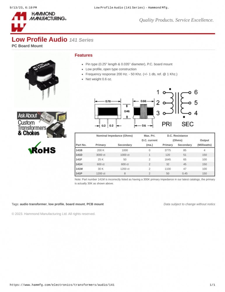 Hammond 141 Series technical document page