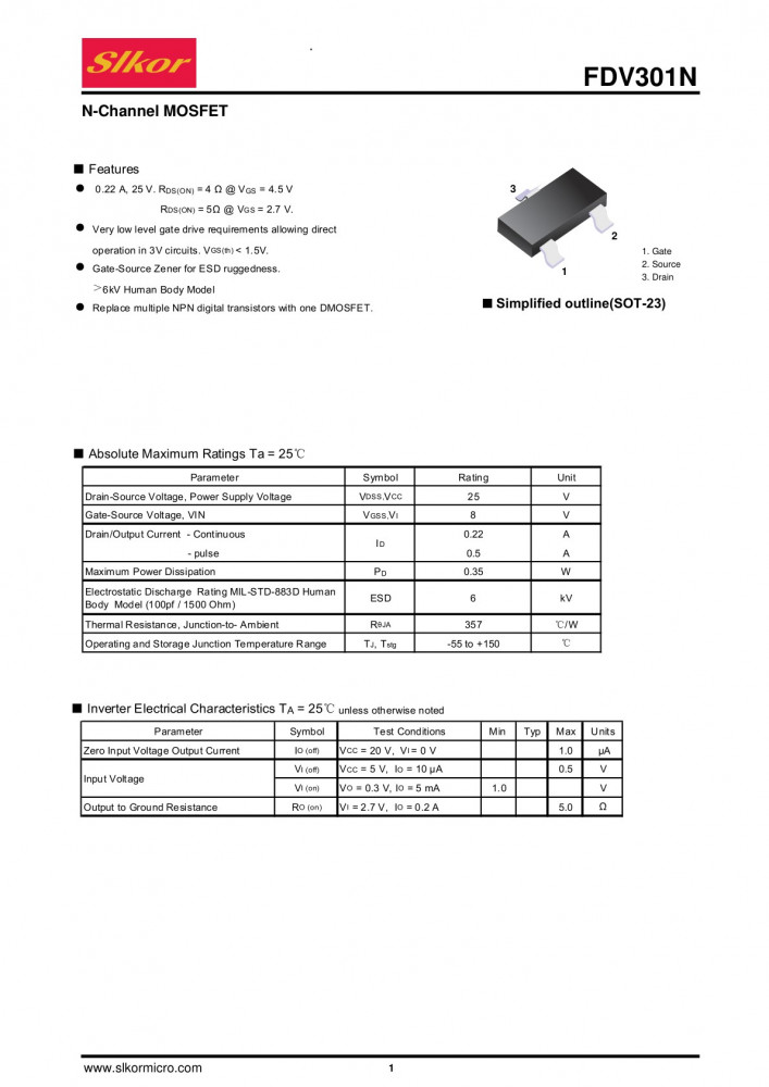 FDV301N datasheet page 1
