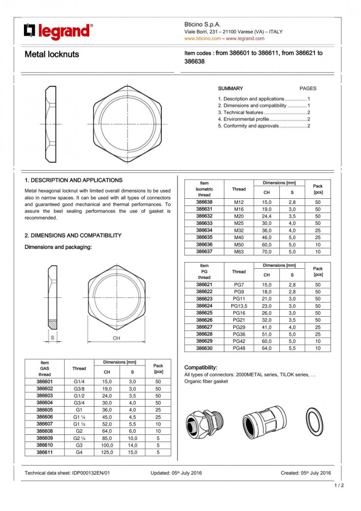 Legrand metal locknuts technical document, page 1