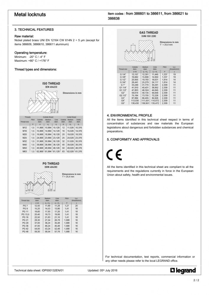 Legrand metal locknuts technical document, page 2
