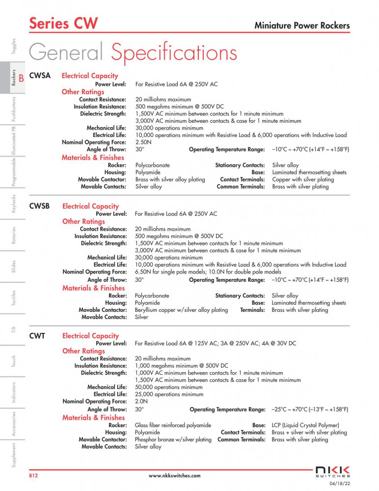 NKK Switches CWS series technical document, page 1
