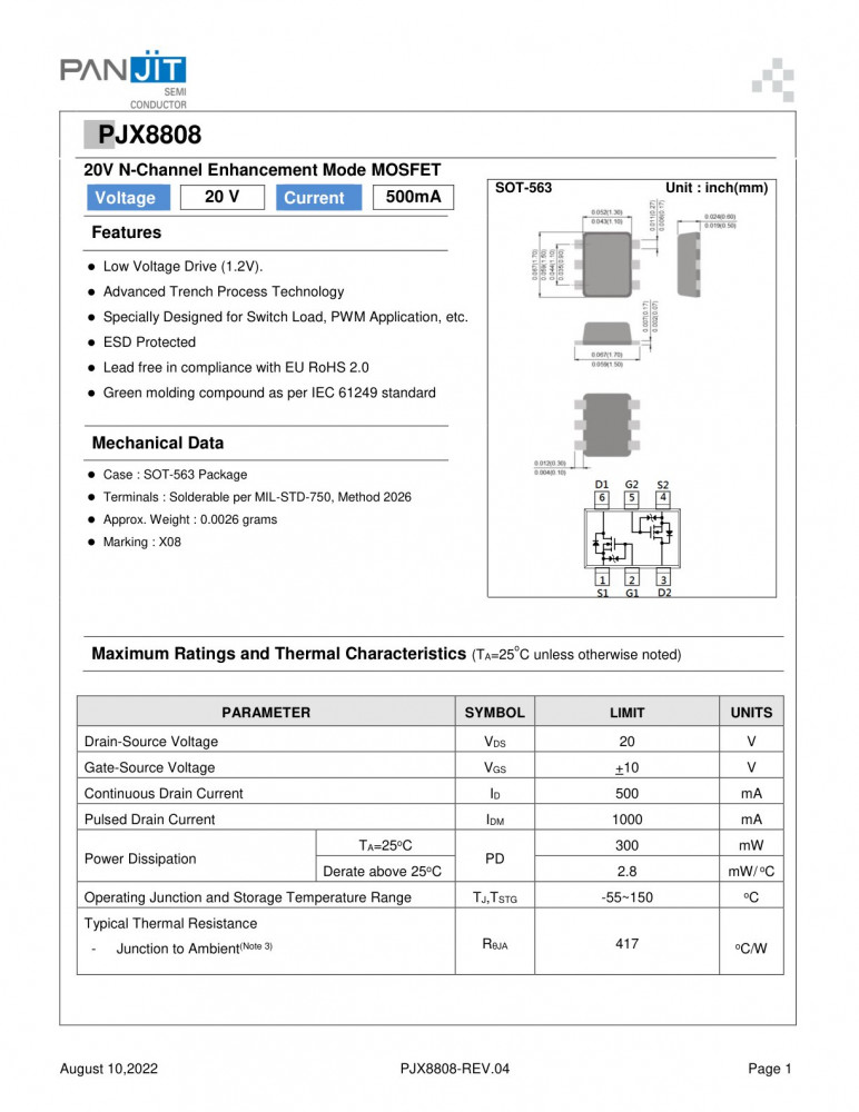 PJX8808 datasheet page 1