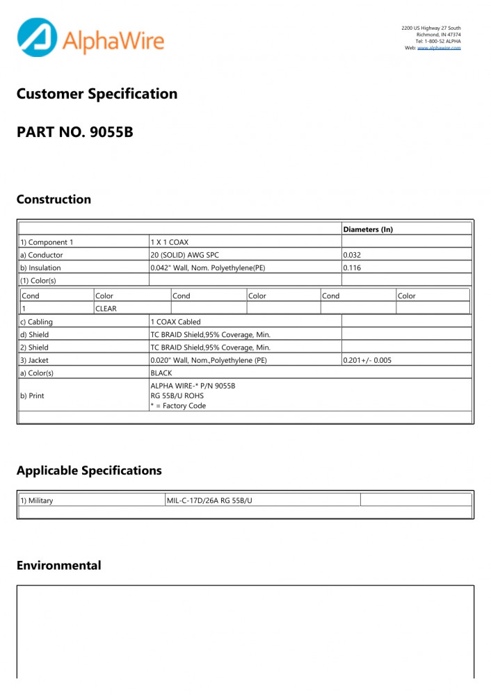 Alpha Wire 9055B BK001 technical document page 1