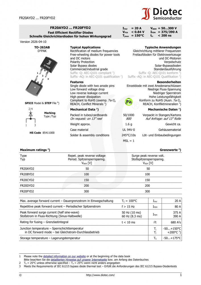 DIOTEC FR20AYD2 datasheet page 1