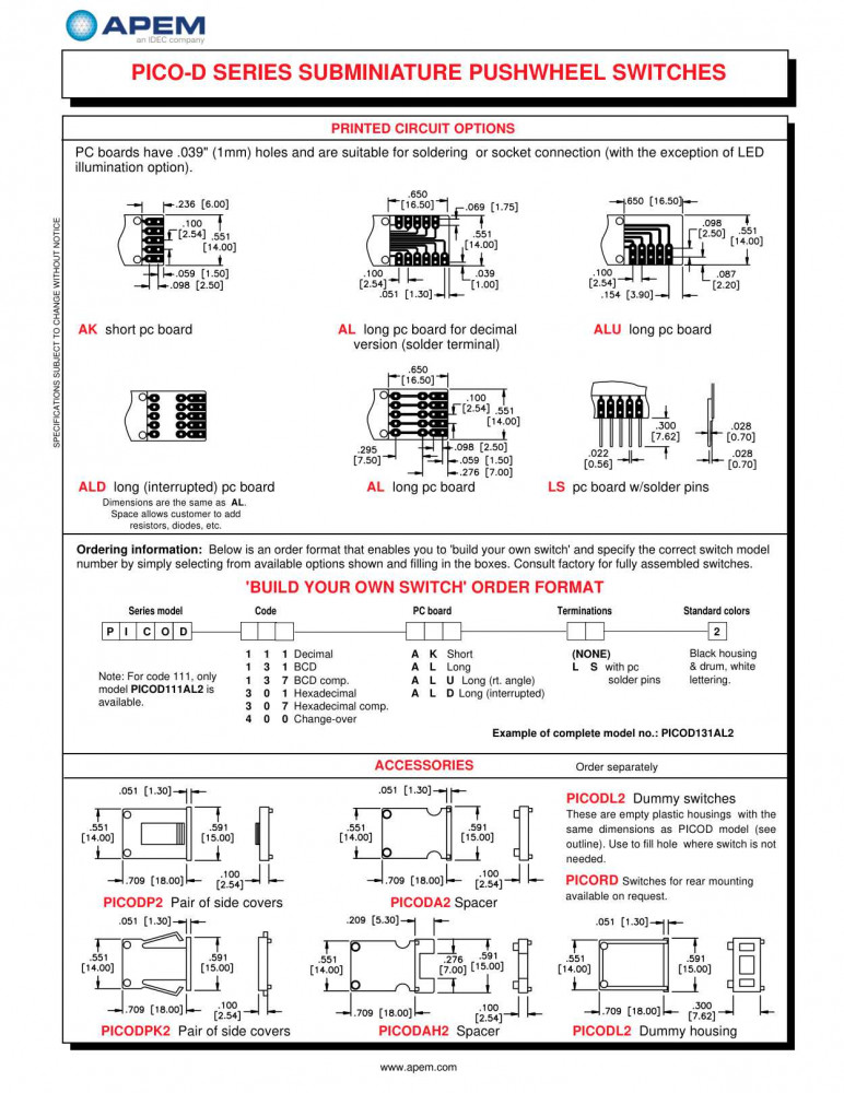 APEM PICO-D PC board options and ordering format