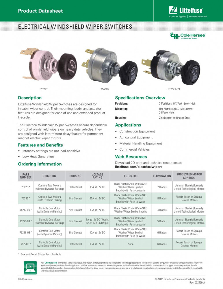 Littelfuse electrical windshield wiper switches technical document page