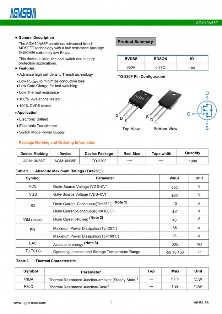 AGM10N65F datasheet page 1