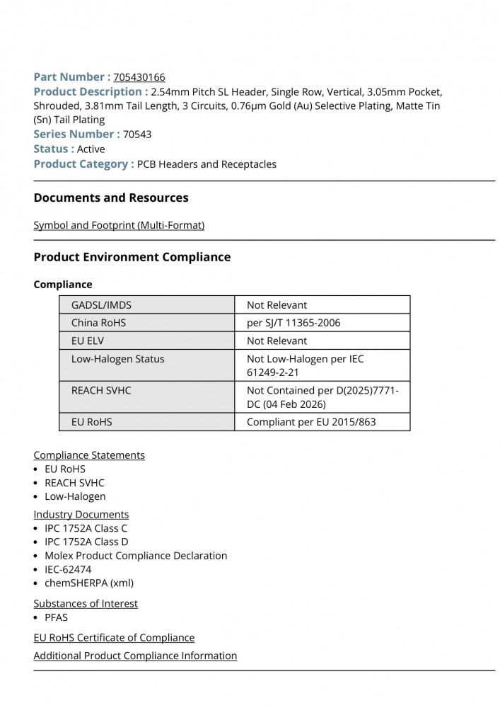 MOLEX 705430166 technical document image, page 1