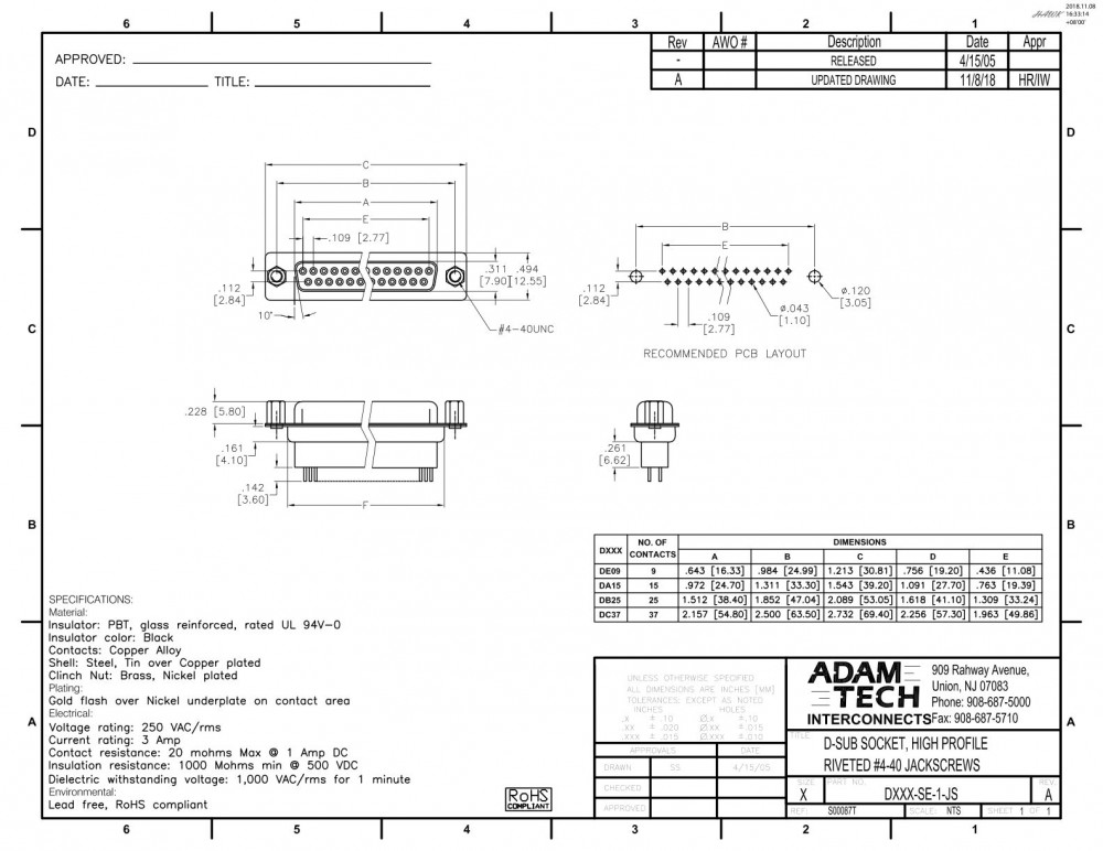 ADAM TECH DB25-SE-1-JS technical drawing page