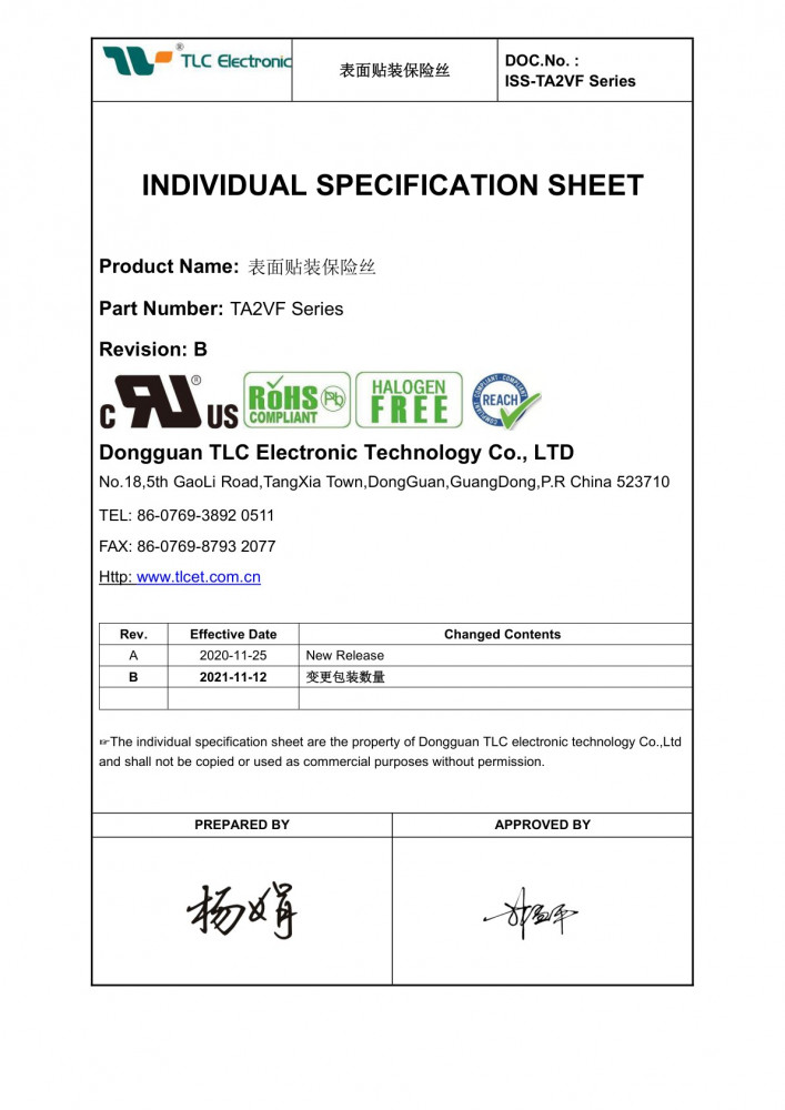 TA2VF Series datasheet page 1