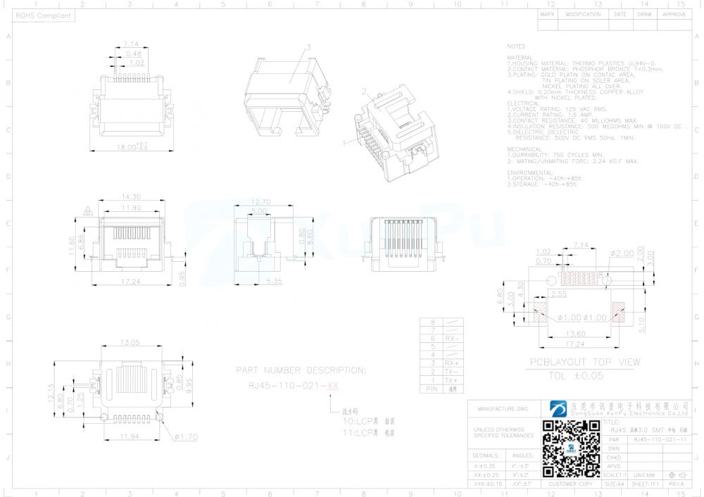 XUNPU RJ45-110-021-11 technical document preview