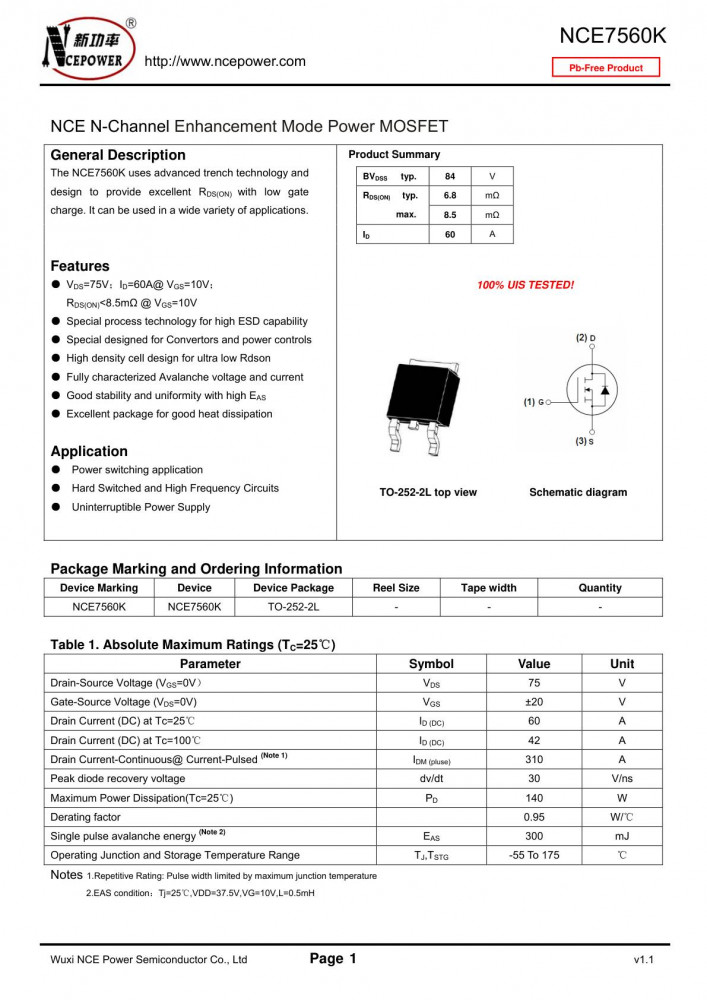 NCE7560K datasheet page 1