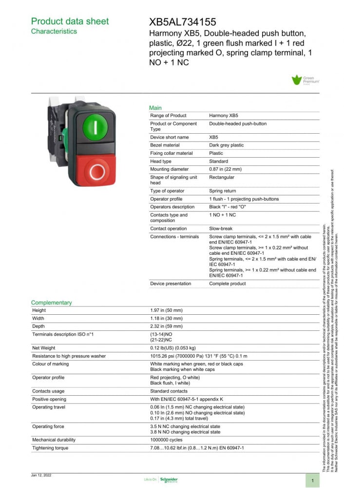 XB5AL734155 technical document page 1