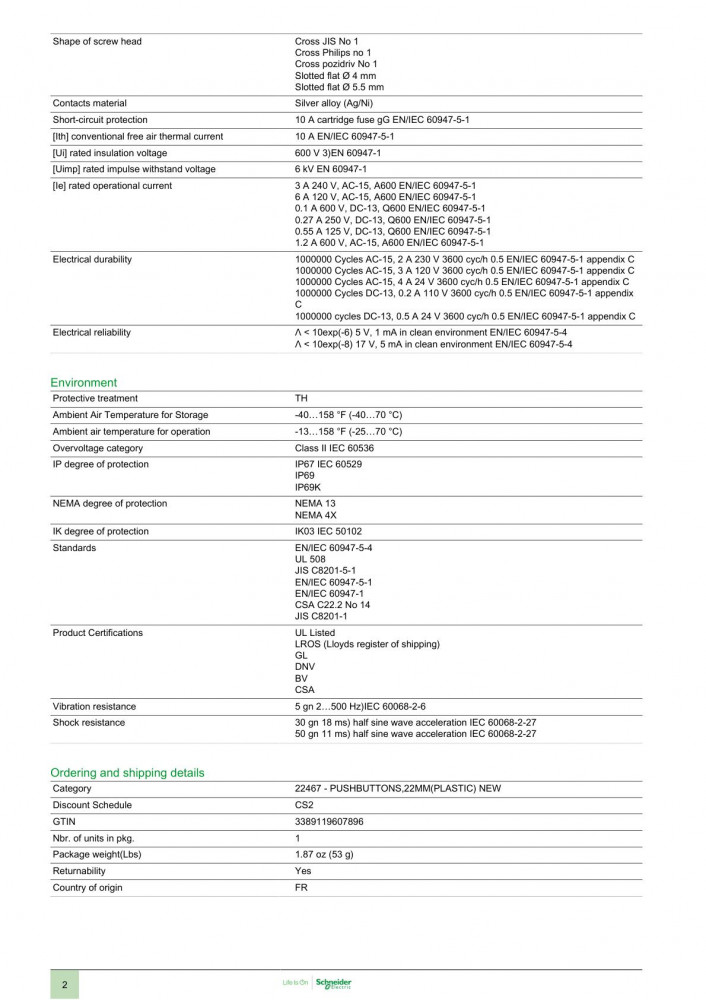 XB5AL734155 technical document page 2