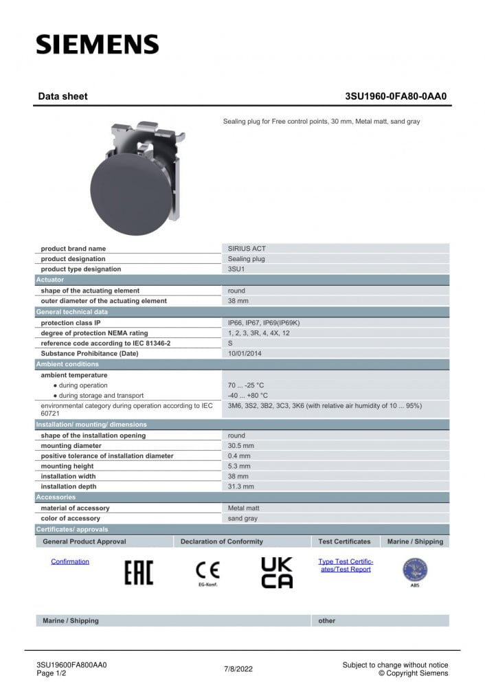 SIEMENS 3SU19600FA800AA0 technical document page 1