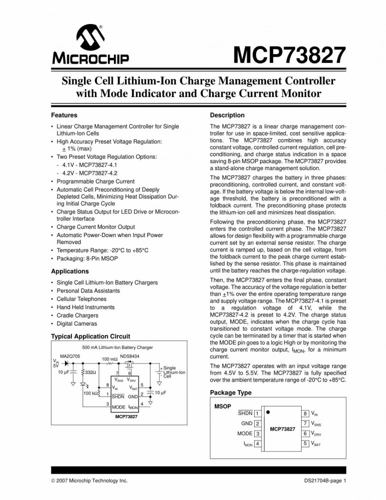 MCP73827 datasheet page 1