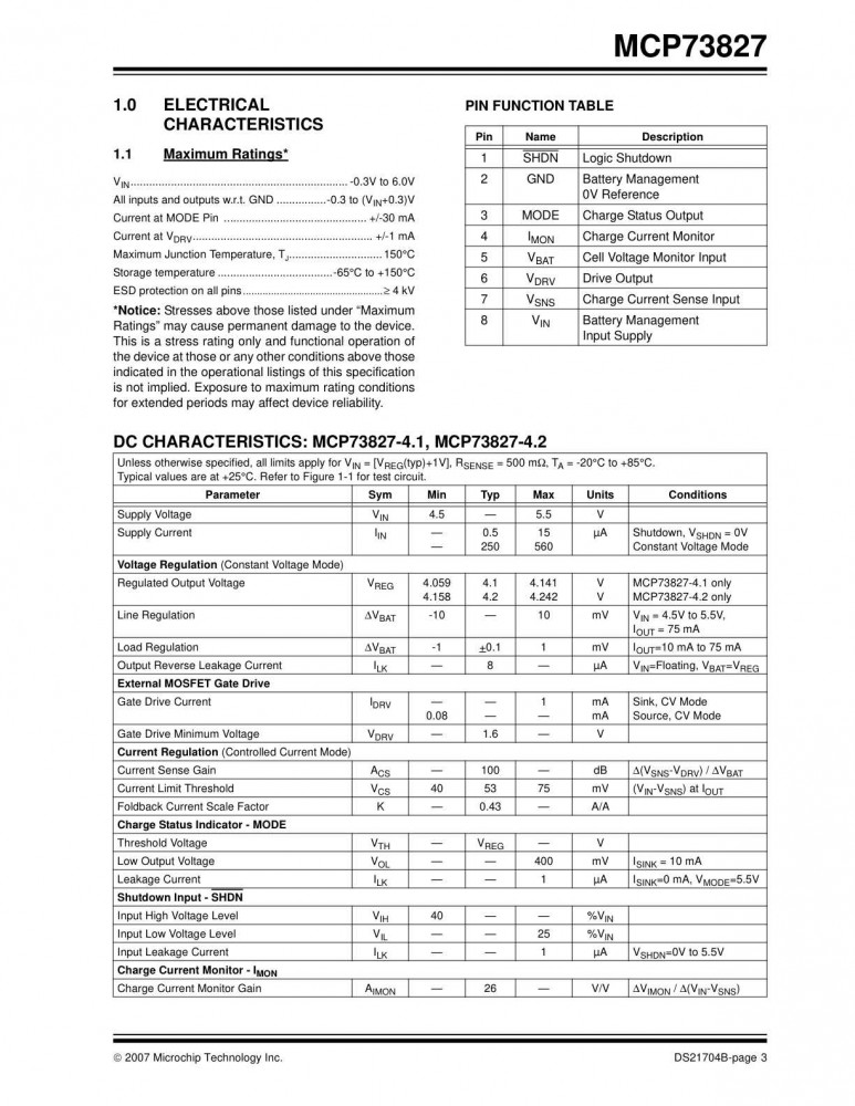 MCP73827 datasheet page 3