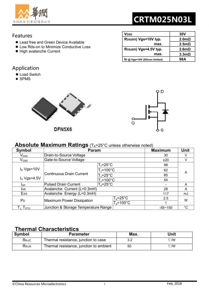 CRTM025N03L datasheet page 1