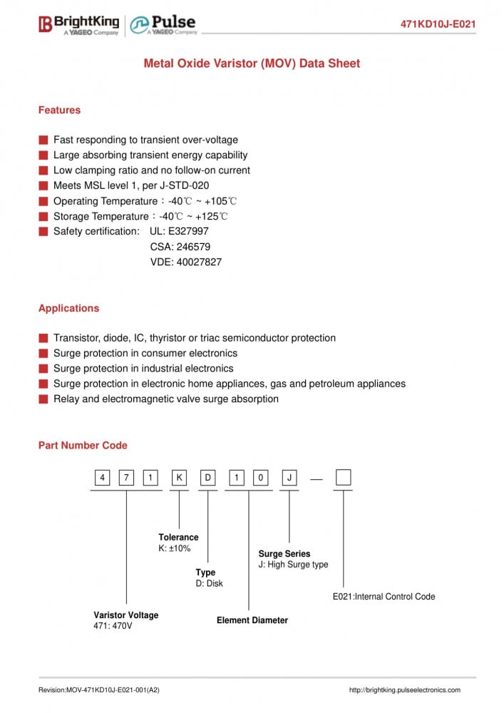 Brightking MOV datasheet page 1