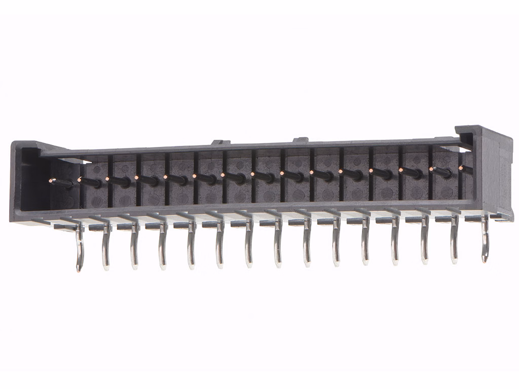 2.50mm Pitch, Mini-Lock PCB Header, Single Row, Right-Angle, Through Hole with Kinked Pins, Tin Plating, Positive Lock, 15 Circuits, Tray, 3.40mm PC Tail Length, Glow-Wire Capable, Black