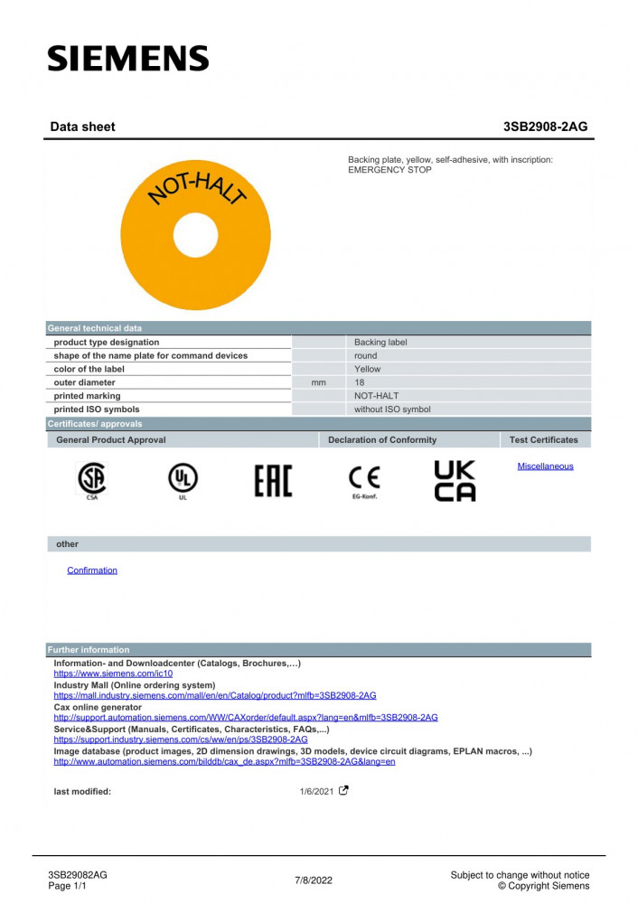 SIEMENS 3SB2908-2AG technical datasheet page