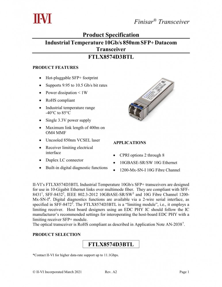 FTLX8574D3BTL datasheet page 1