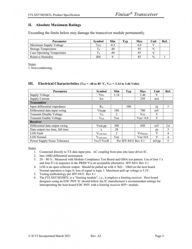 FTLX8574D3BTL datasheet page 3