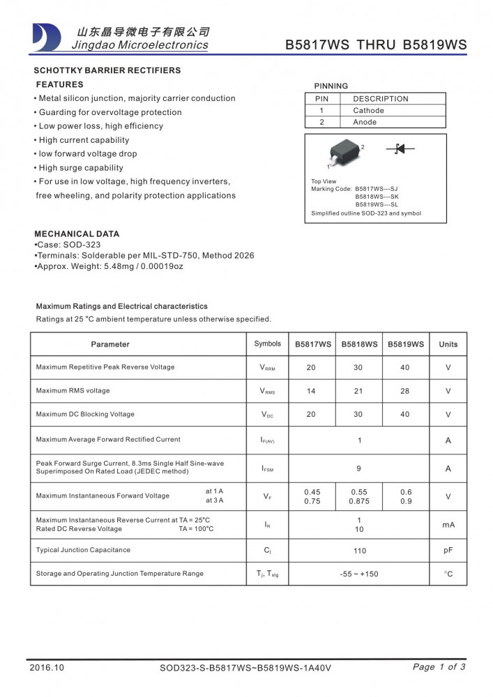 B5818WS datasheet page 1