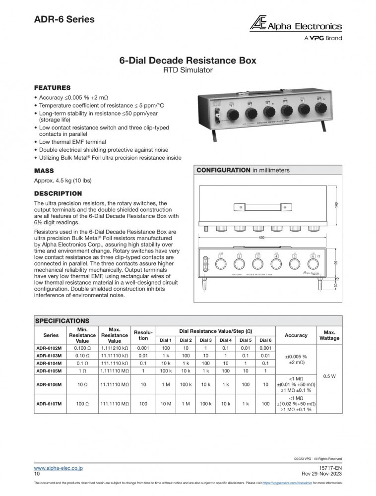 ALPHA ELECTRONICS ADR Series 6-Dial resistance box product documentation image