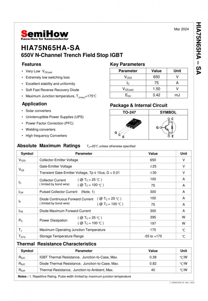 HIA75N65HA-SA datasheet page 1
