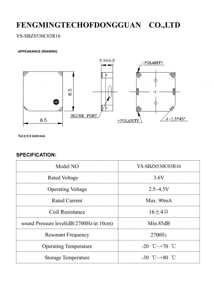 YS-SBZ8530C03R16 acoustic characteristics page