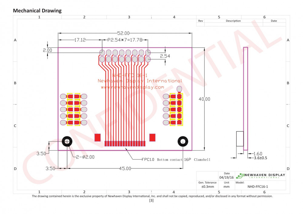 NHD-FFC16-1 technical drawing page