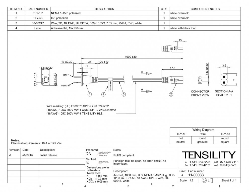 Tensility 11-00033 AC cord assembly drawing