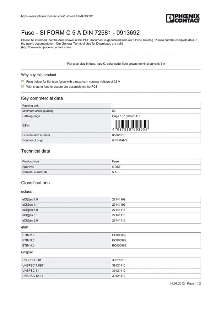 Phoenix Contact 0913692 technical document page 1