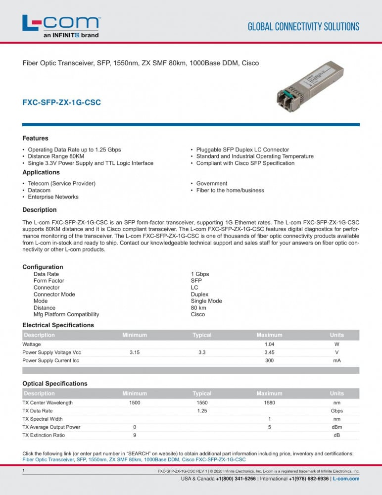 FXC-SFP-ZX-1G-CSC datasheet page 1
