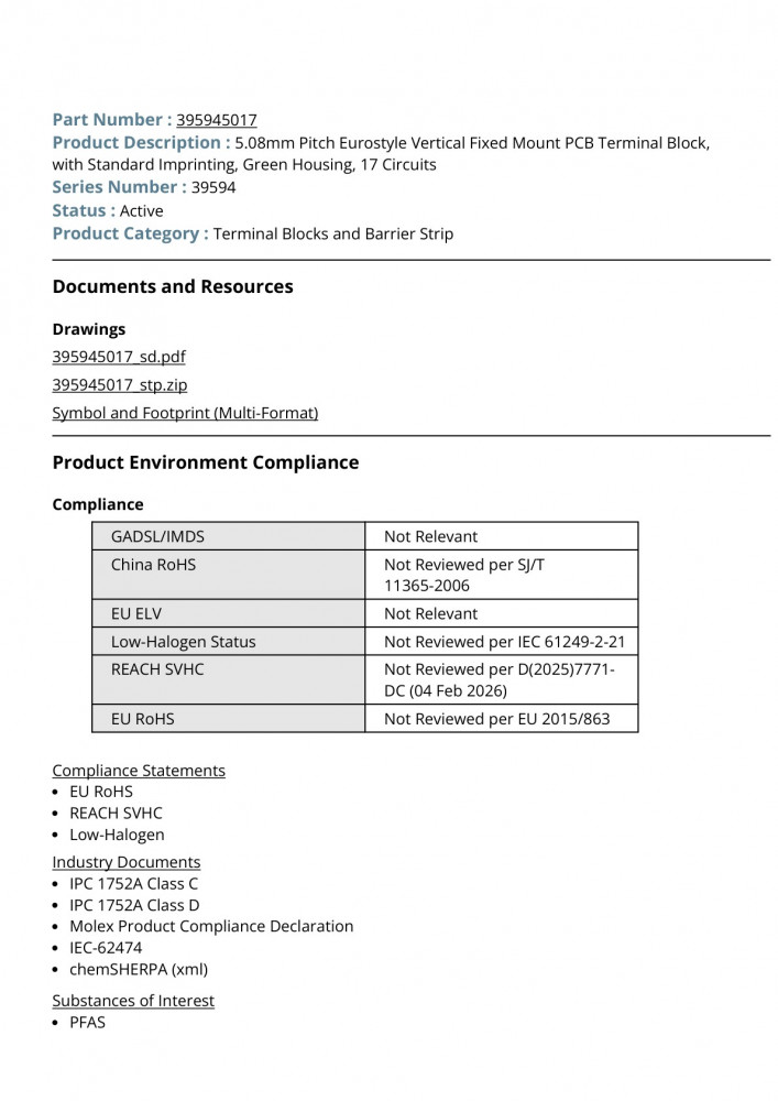 MOLEX 395945017 technical document preview, page 1