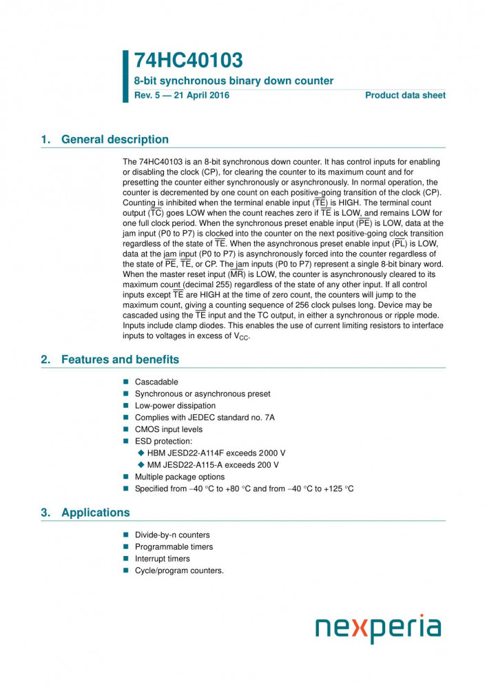 74HC40103 datasheet page 1