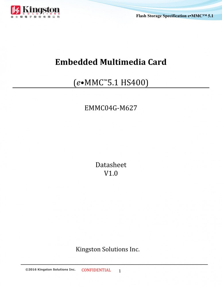 Kingston EMMC04G-M627 datasheet page 1
