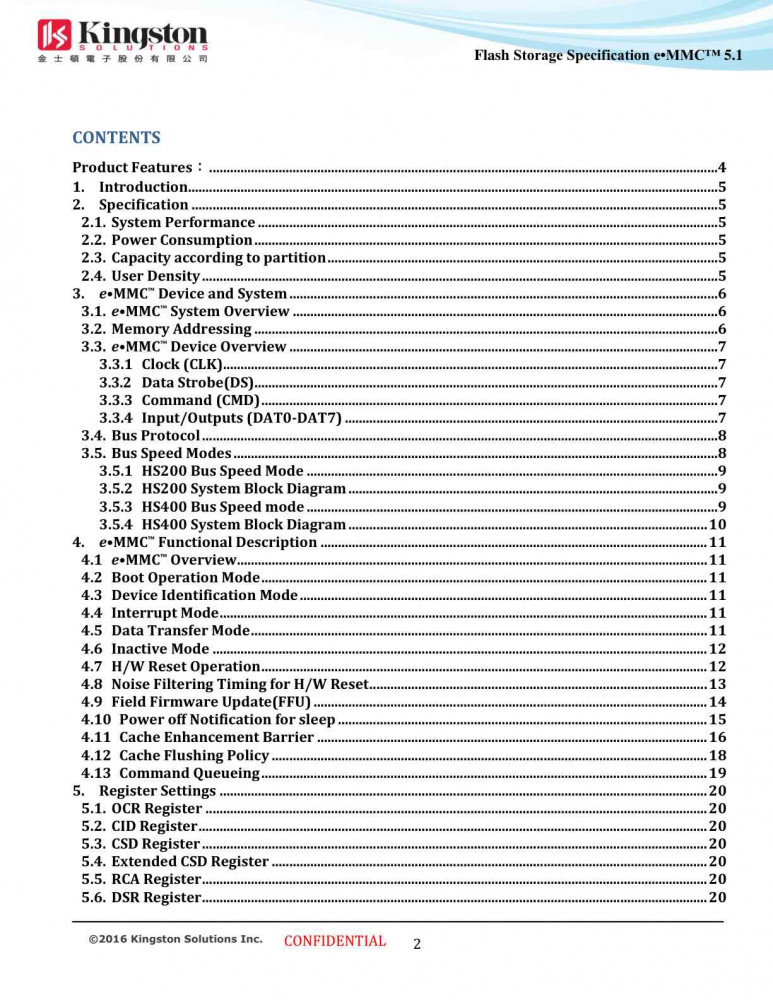Kingston EMMC04G-M627 datasheet page 2