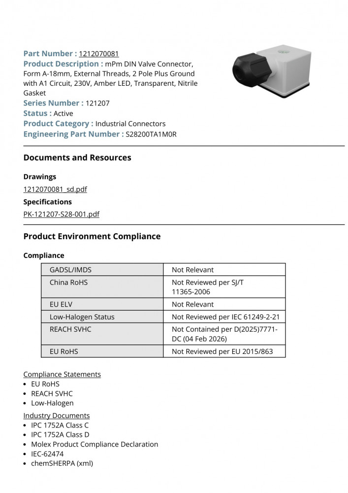Molex S28 DIN valve connector packaging specification page 1