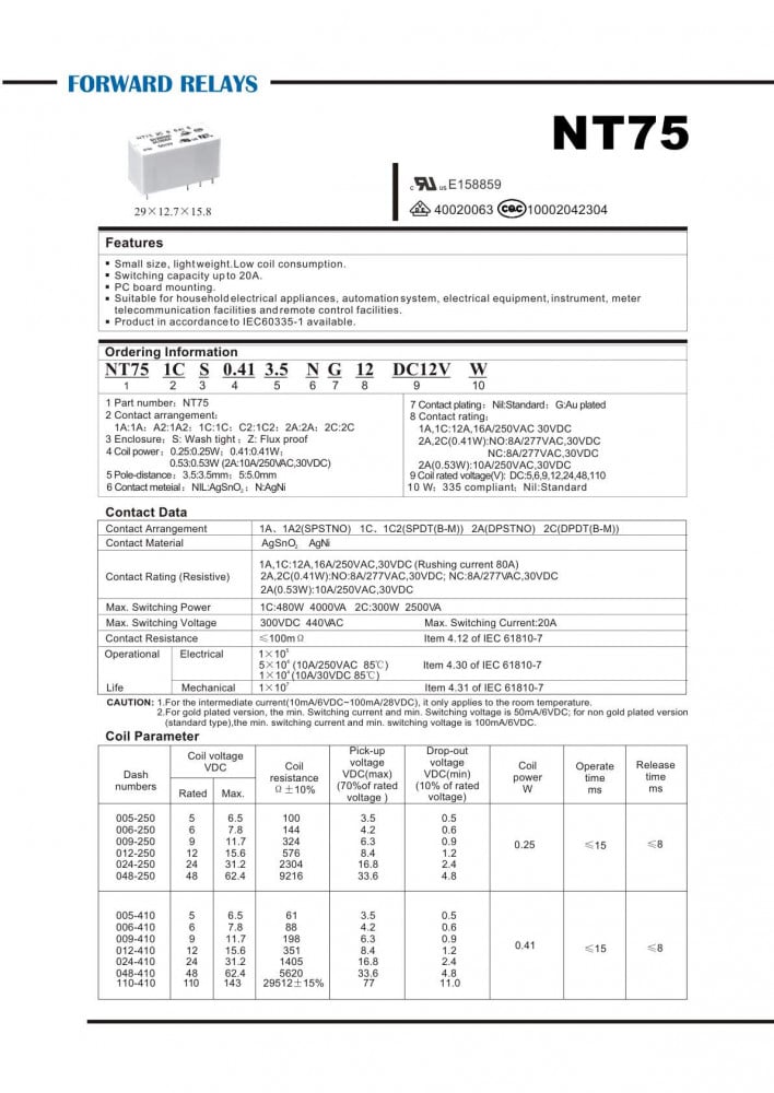 NF NT75 relay datasheet page 1
