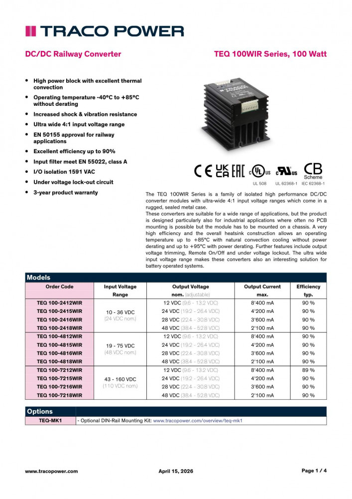 TEQ 100WIR technical document page 1