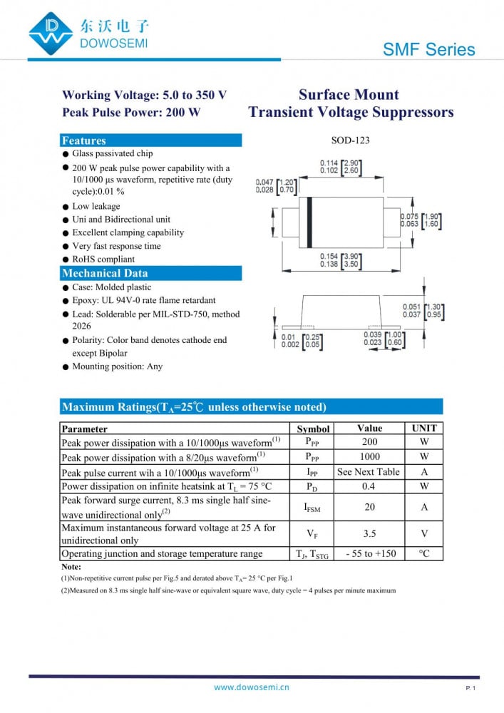 DOWO SMF TVS datasheet page 1