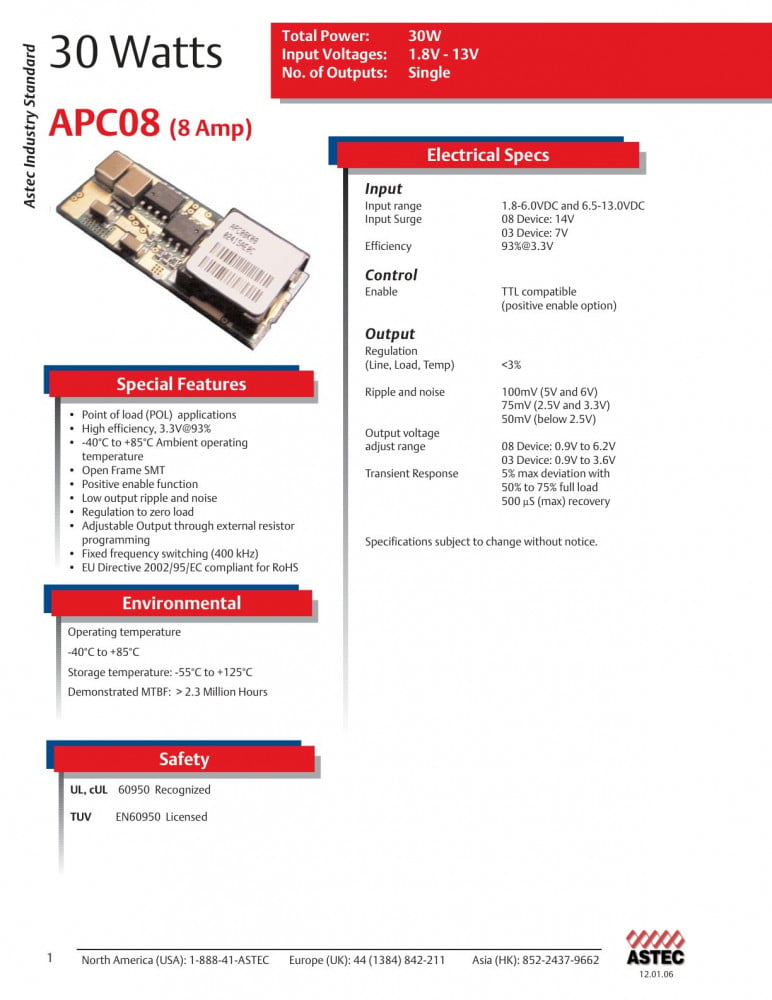 Artesyn APC08 product specification page