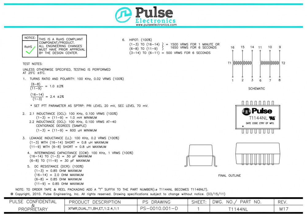 PULSE T1144NL technical drawing page 1