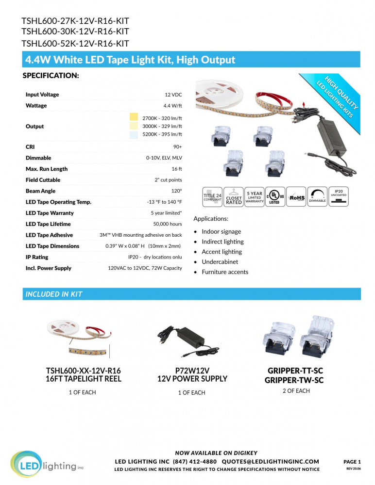 Technical document page 1 for TSHL600-30K-12V-R16-KIT