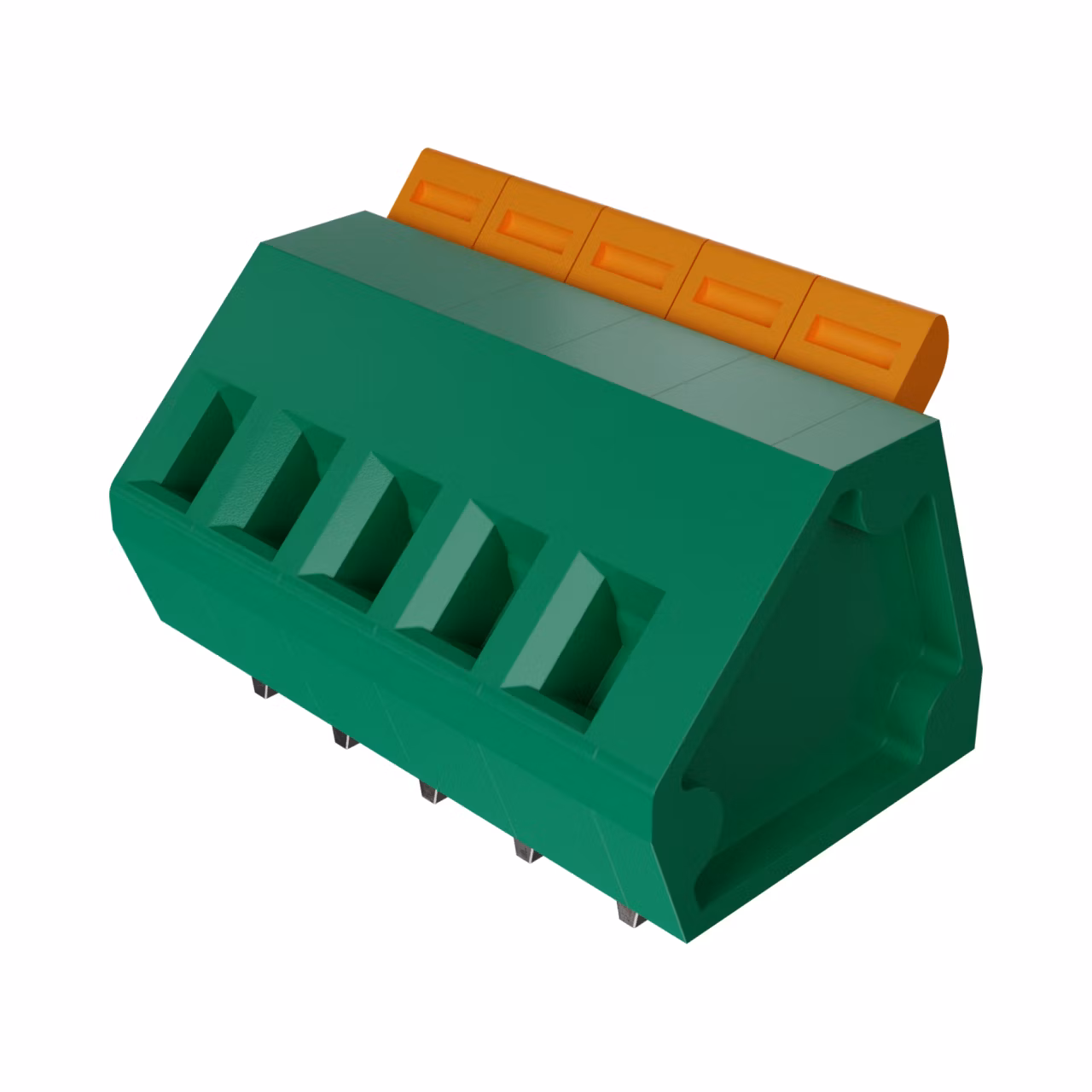 5.08mm Pitch, Eurostyle Fixed-Mount Push-Button Terminal Block, 45° Modular, 18A, 26-14 AWG, Green, 5 Circuits for sale