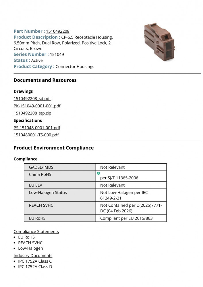 MOLEX CP 6.5 connector specification preview, page 1