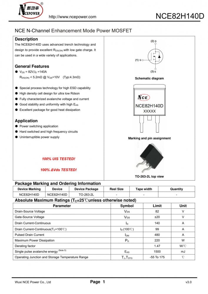NCE82H140D datasheet page 1